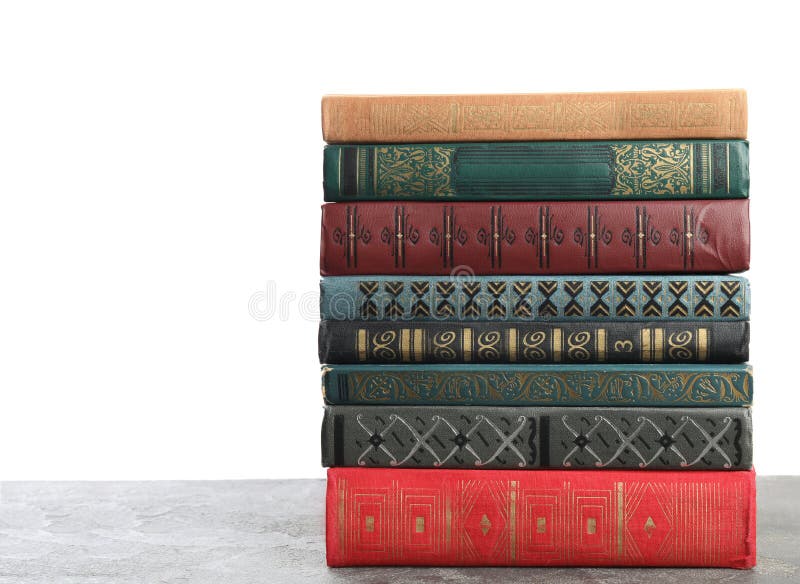 Stack of Old Vintage Books on Stone Table Against White Background ...