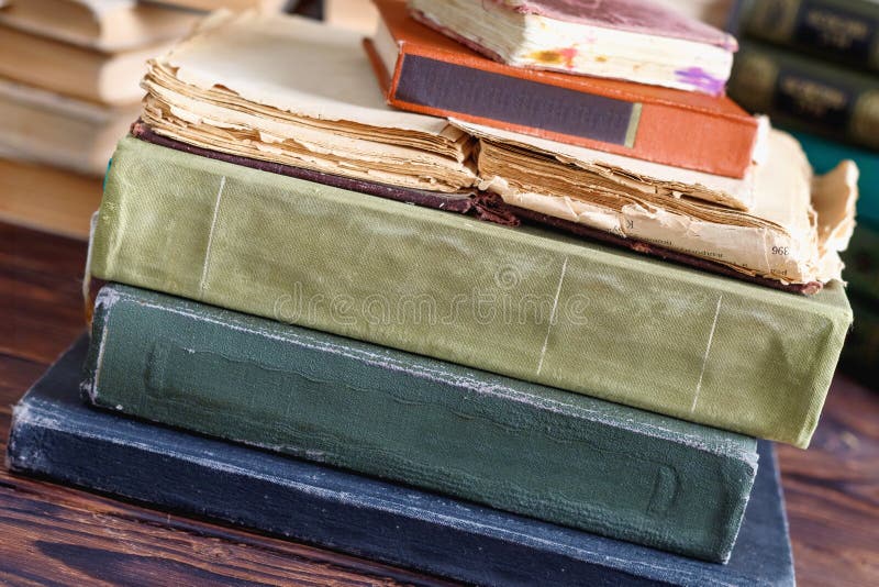 Stack of Old Vintage Books on Wooden Shelf in School Library Stock ...