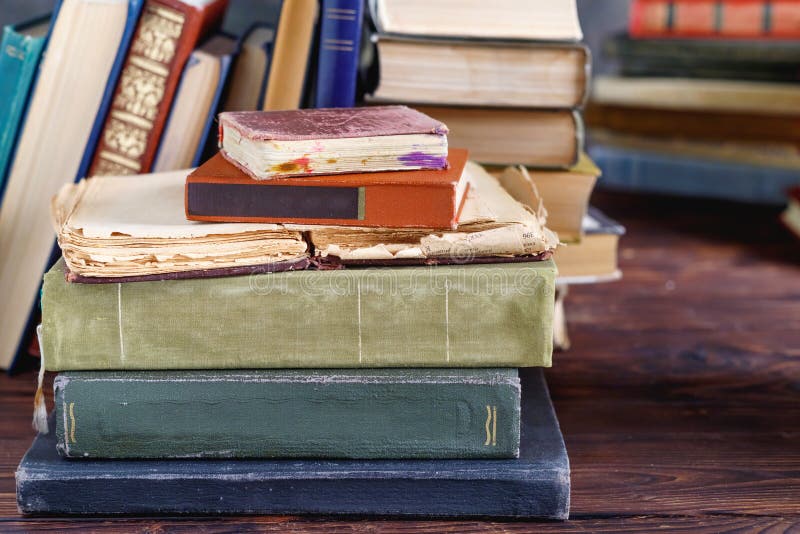 Stack of Old Vintage Books on Wooden Shelf in University Library Stock ...