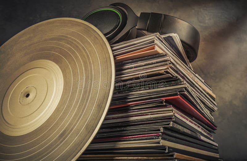 Stack of Old Vinyl Records on the Table. Retro Style Toned Image Stock ...