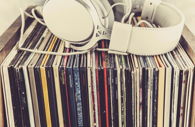 Stack of Old Vinyl Records on the Table. Retro Style Toned Image Stock ...