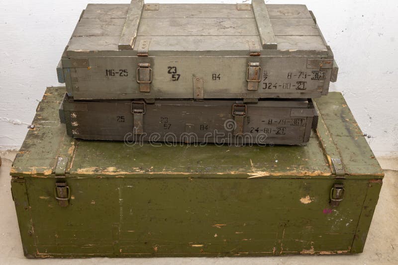 A Stack of Old Wooden Military Green Boxes with Ammunition of the ...