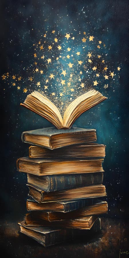 Stack of Old Worn Books in Night Sky Stock Illustration - Illustration ...