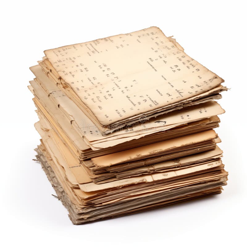 Stack of Old Worn Papers with Typed Text on a White Background Stock ...