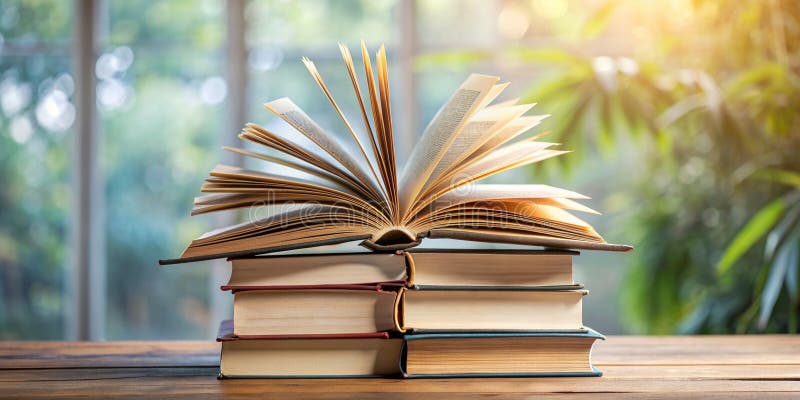 A Stack of Open Books are on the Table Creative AI Stock Image - Image ...