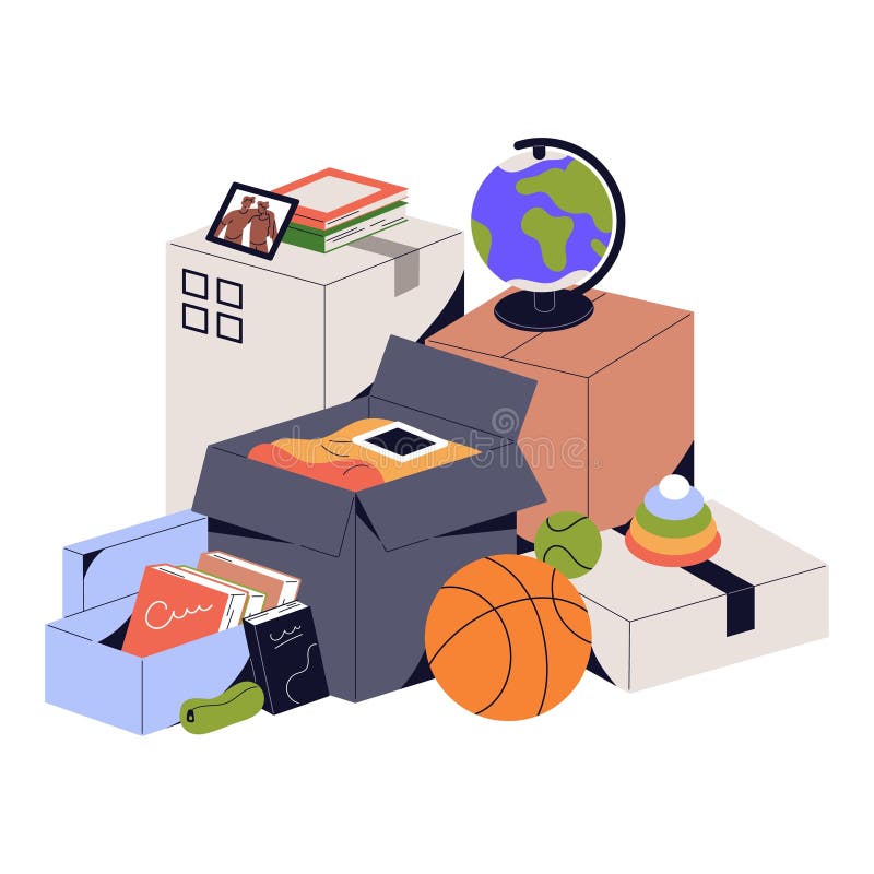 Stack of Open Cardboard Packages. Kids Objects, Clothes, Stuff in Boxes ...