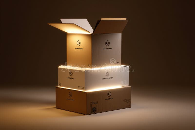 Stack of Open Packages with Glowing Logos Against a Muted Background in ...
