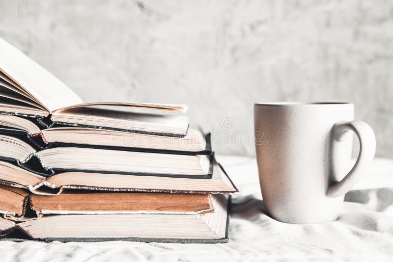 Stack of Opened Books with a Cup of Coffee in Bed Stock Image - Image ...