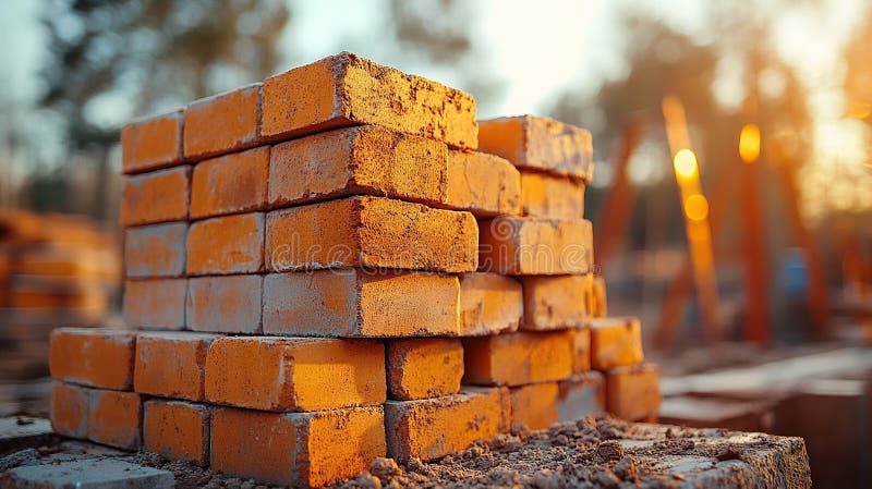Stack of Orange Bricks at a Construction Site during Sunset Stock ...
