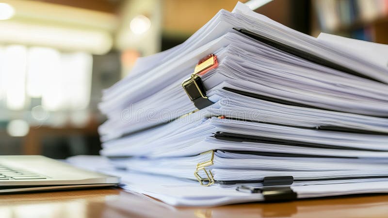 Stack of Organized Office Files and Documents beside a Laptop on Wooden ...