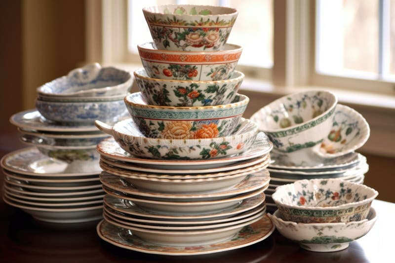 Stack of Ornate Porcelain Dinnerware on a Table Stock Image - Image of ...