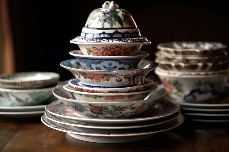 Stack of Ornate Porcelain Dinnerware on a Table Stock Illustration ...
