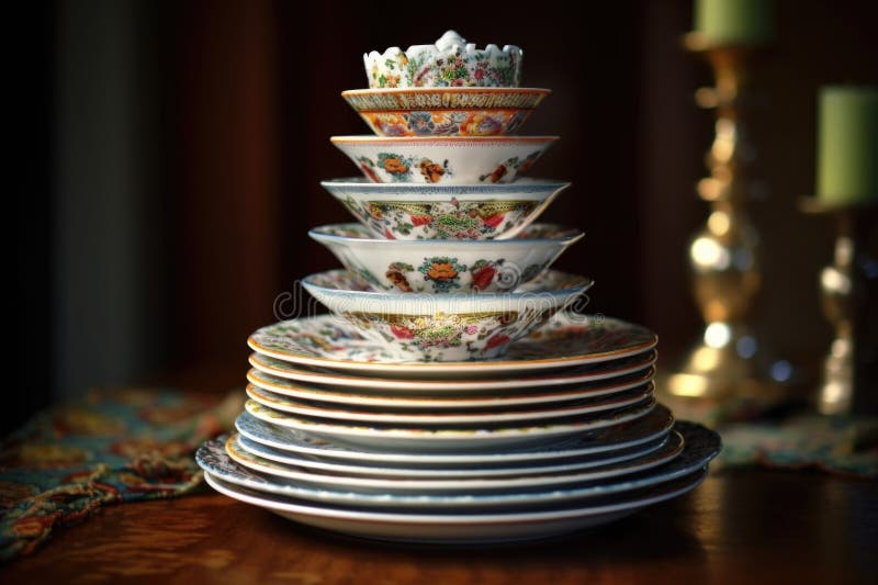 Stack of Ornate Porcelain Dinnerware on a Table Stock Illustration ...