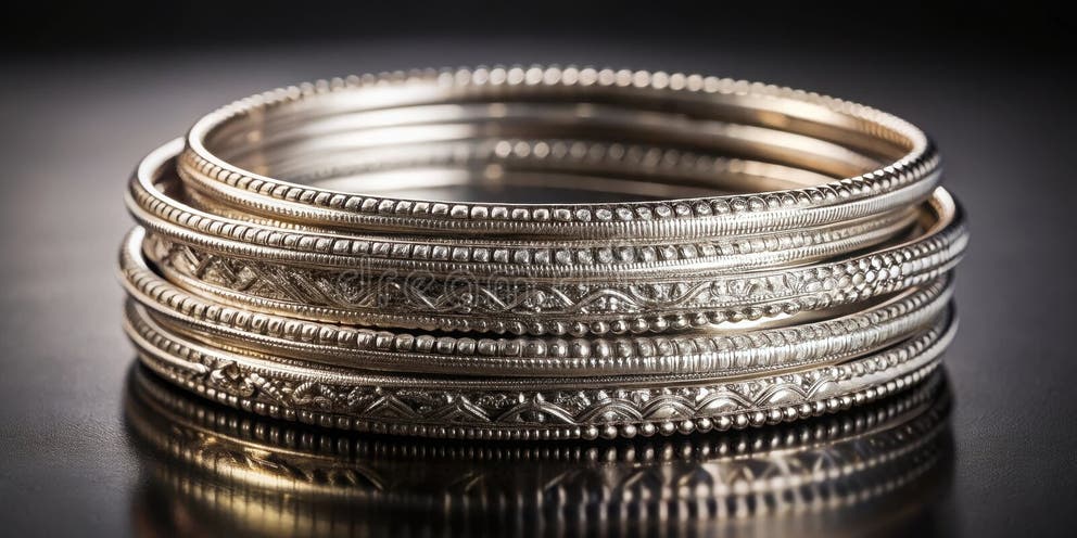 Stack of Ornate Silver Bangles with Intricate Designs and Textured Surfaces. Generative AI Stock ...