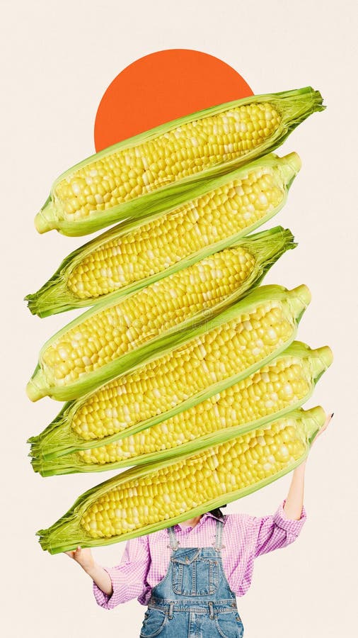 Stack of Oversized Corn Cobs Held by Female Farmer Against Light ...