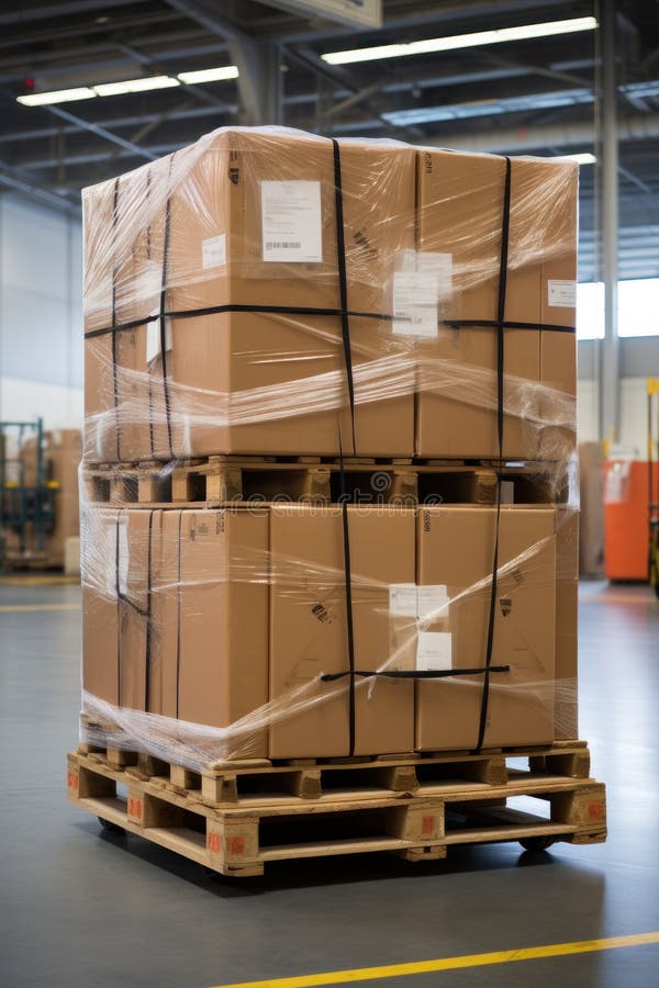 Stack of Package Boxes on Pallet in Storage. Supply Chain Cardboard ...