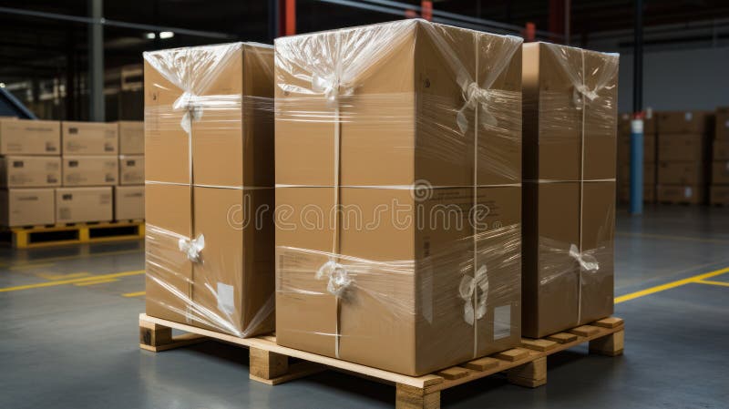 Stack of Package Boxes on Pallet in Storage. Supply Chain Cardboard ...