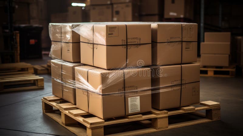 Stack of Package Boxes on Pallet in Storage. Supply Chain Cardboard ...
