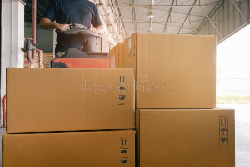 Stack of Package Boxes Load with Shipping Cargo Container. Trailer ...
