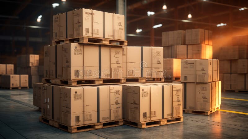 Stack of Package Boxes on a Wooden Pallets. Interior of Storage ...