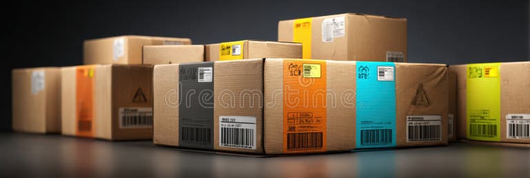 Packages Neatly Stacked with Glowing Labels in a Warehouse Setting at ...