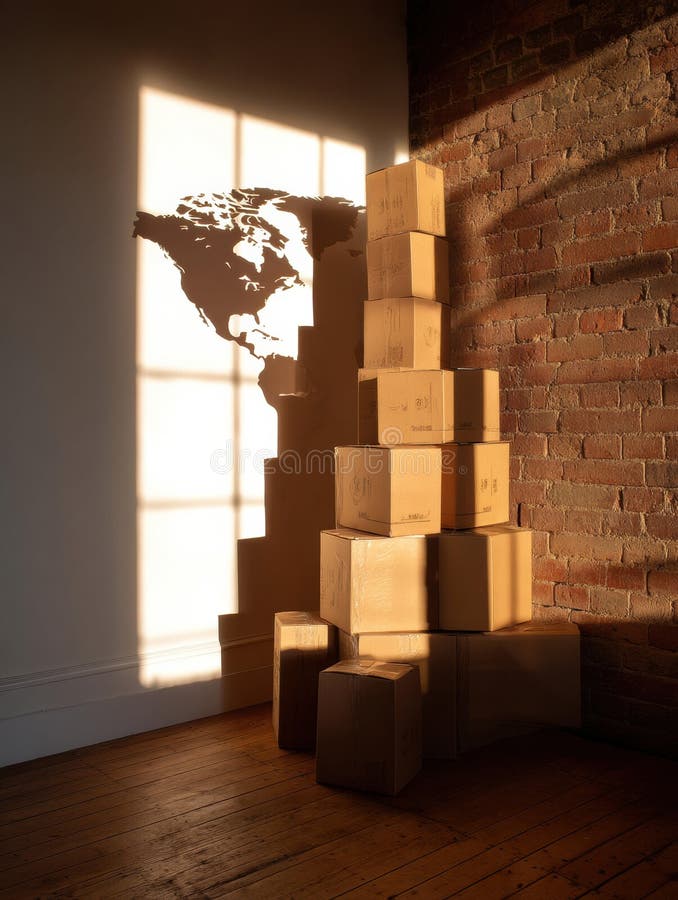 Stack of Packages Creating a Striking Shadow Resembling a World Map in a Rustic Indoor Setting ...