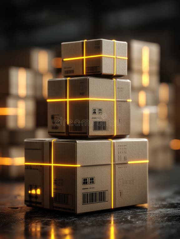 Stack of Packages with Glowing Labels at a Warehouse during Nighttime ...