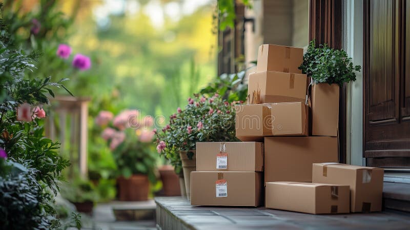Stack of Packages in Various Sizes Left on a Doorstep, Bathed in Soft ...