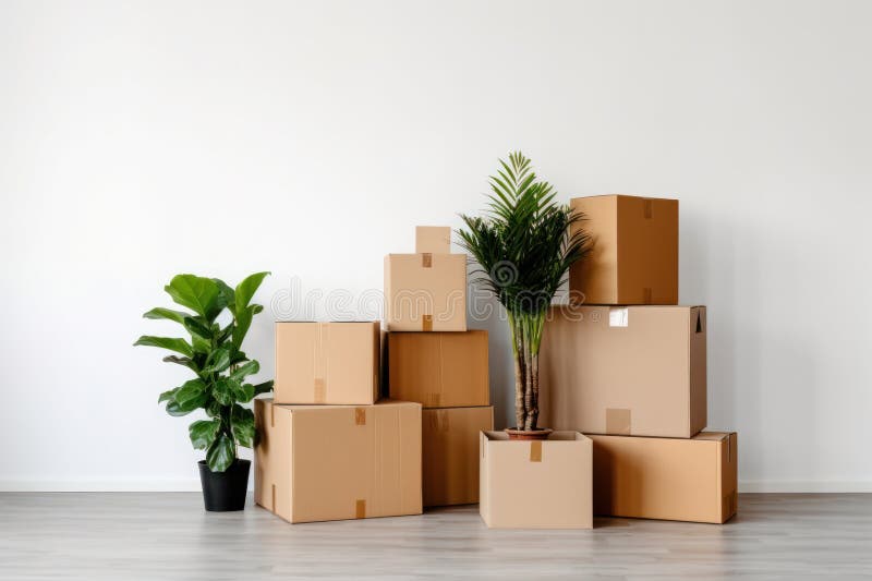 Stack of Packed Boxes and Green Plant Against a Clean White Wall ...