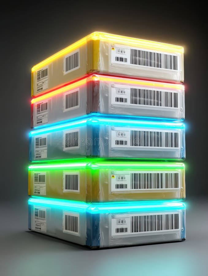 Stack of Packed Boxes with Illuminated Labels Arranged Neatly on a ...