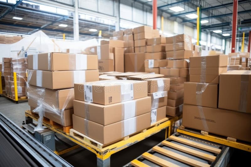 Stack of Packed Boxes Prepared for Shipment at the End of a Conveyor ...