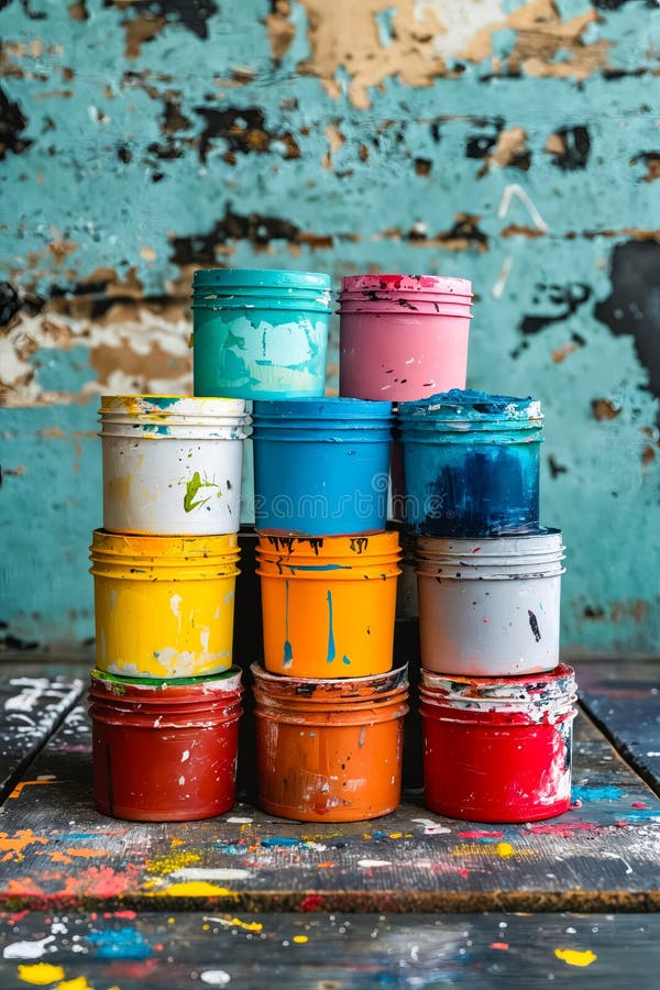 Stack of Paint Cans on Wooden Table. Generative AI Stock Photo - Image ...