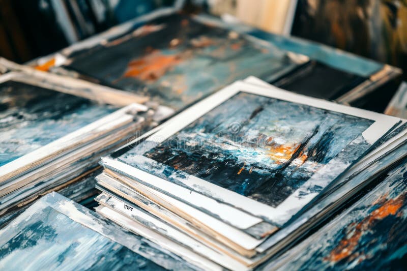 A Stack of Paintings with One of Them Titled "the Forest" Stock ...