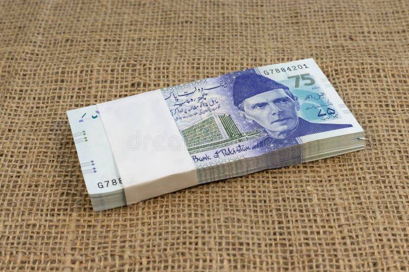 Stack of 75 Pakistani Rupees Banknotes on Burlap Surface Stock Image ...