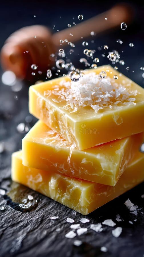 Stack of Pale Yellow Handmade Cheese with Rosemary Sprig and Coarse ...