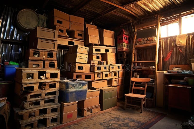 Stack of Pallets and Cardboard Boxes in Storage Area Stock Illustration ...