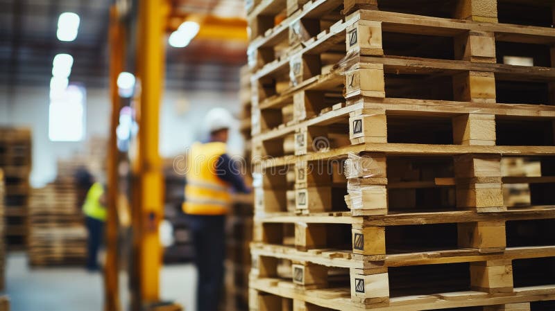 A Stack of Pallets with a Man in a Yellow Vest in the Background Stock ...