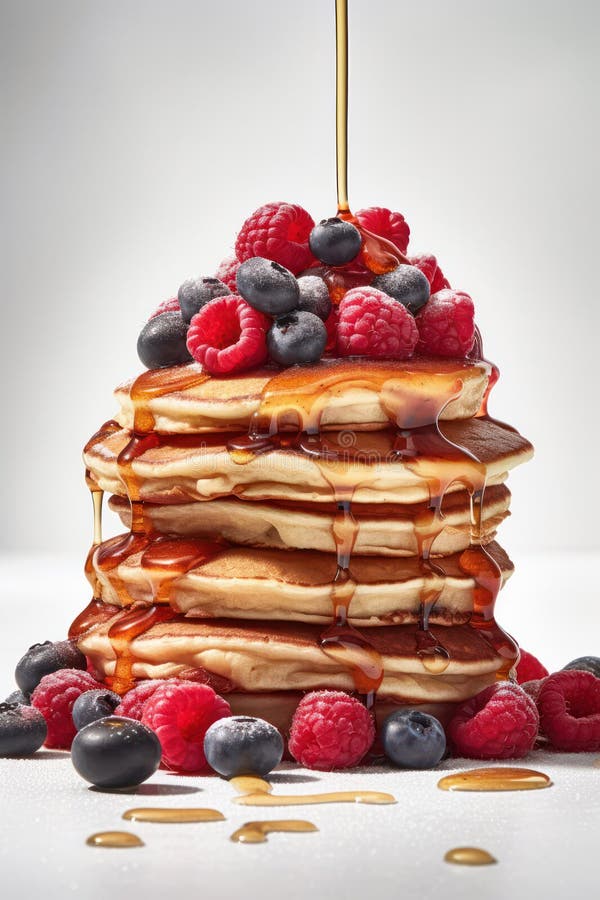 Stack of Pancake with Berries and Honey on a White Background Stock ...