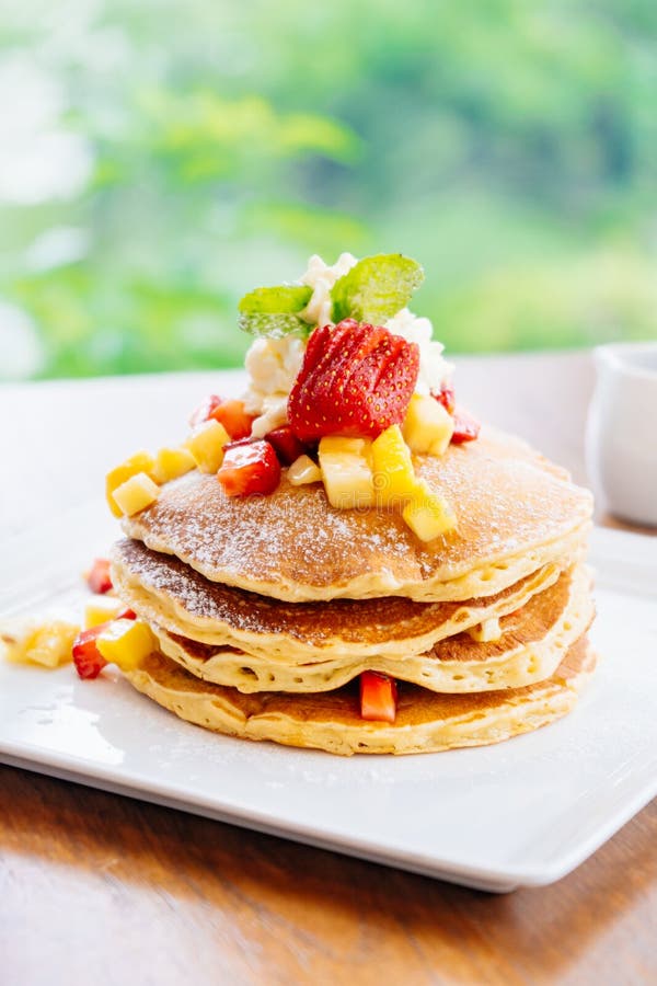 Stack of Pancake with Strawberry on Top Stock Photo - Image of american ...