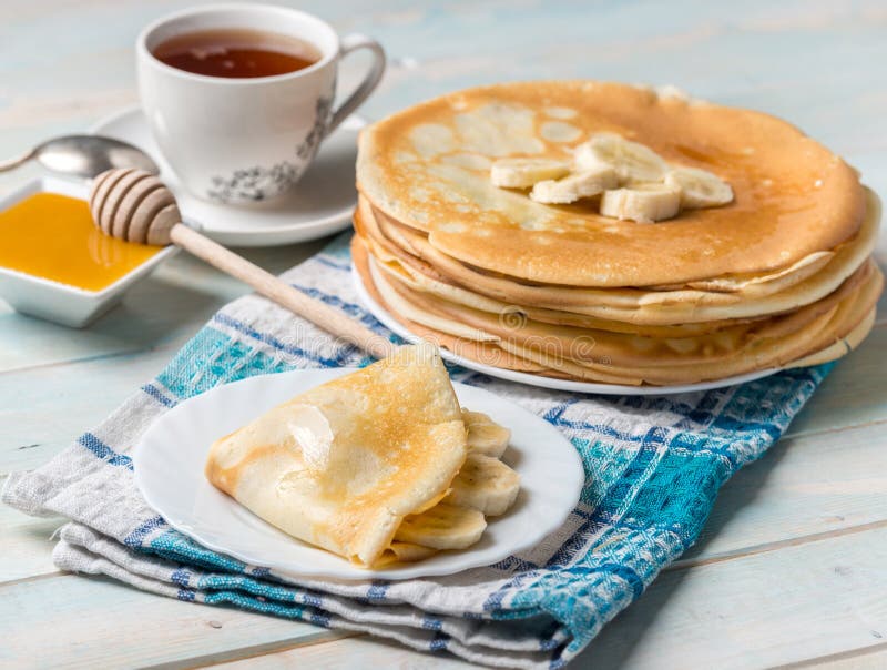 Stack of Pancakes with Banana Topping Stock Photo - Image of culinary ...