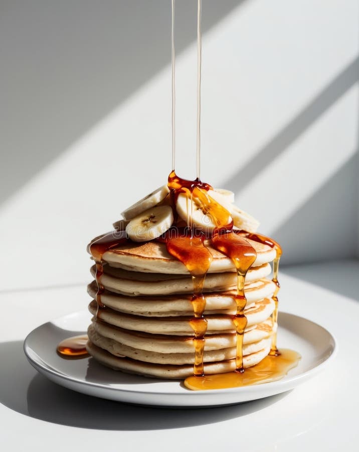 A Stack of Pancakes with Bananas on Top and Drizzled with Syrup. Stock ...
