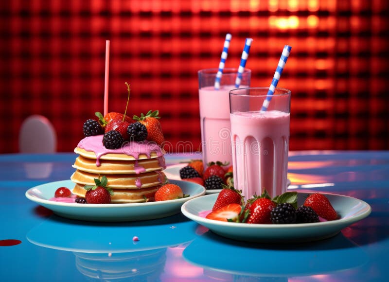 A Stack of Pancakes with Berries and Syrup and Two Milkshakes Isolated ...