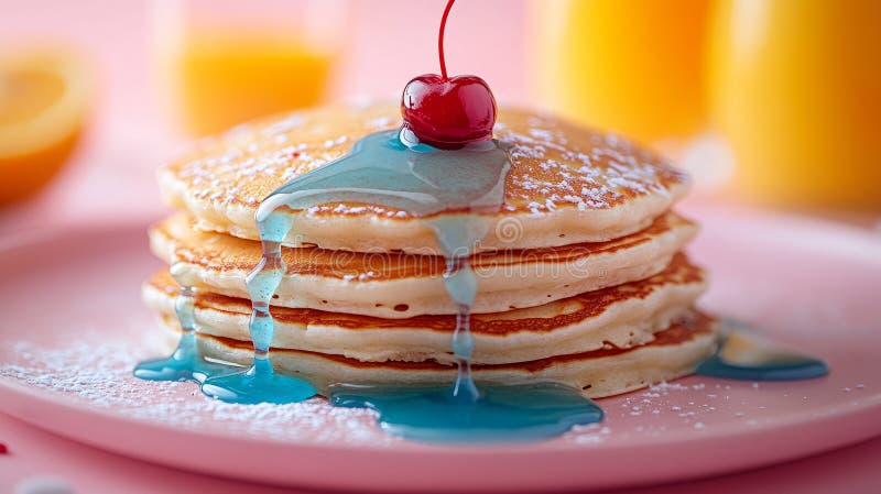 Stack of Pancakes with Blue Syrup and Cherry Stock Image - Image of ...