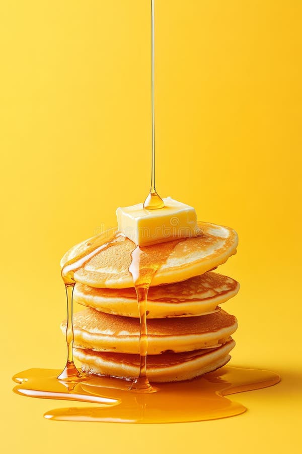 Stack of Pancakes with Butter and Dripping Syrup on Yellow Background ...