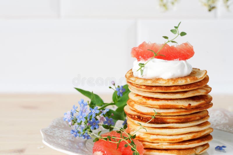 Stack of Pancakes on a Ceramic Plate Stock Photo - Image of spring ...