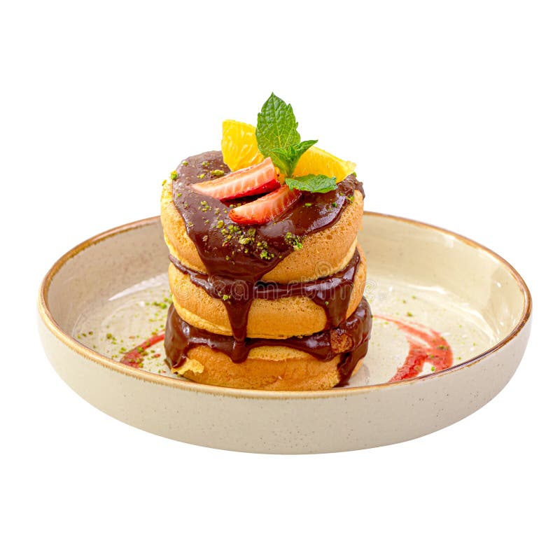 Stack of Pancakes with Chocolate and Fruits Stock Image - Image of ...