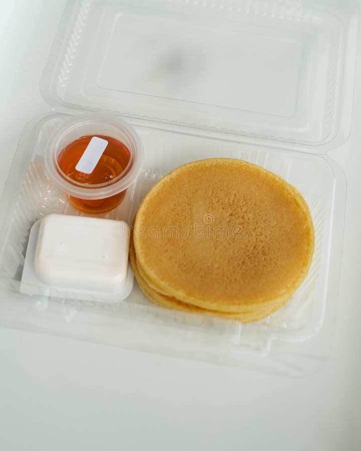 Stack of Pancakes in a Container Transparent Clear Box with Honey and ...