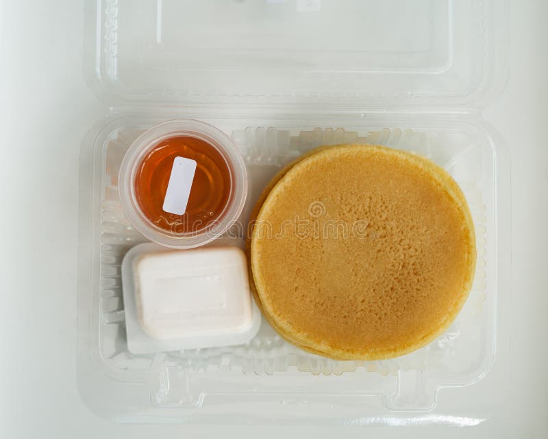 Stack of Pancakes in a Container Transparent Clear Box with Honey and ...