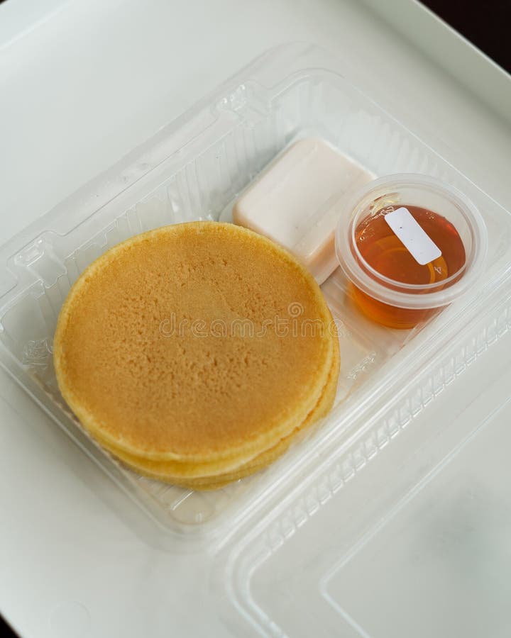 Stack of Pancakes in a Container Transparent Clear Box with Honey and ...