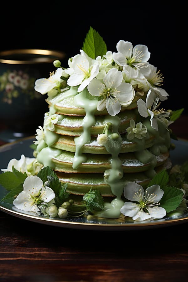 A Stack of Pancakes Covered in Green Icing and Flowers. Generative AI ...